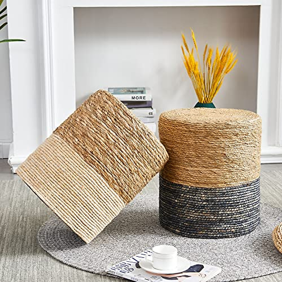 Wimarsbon Natural Seagrass Foot Stool, Hand Weaving Round Ottoman, Poof Pouffe Accent Chair, for Living Room, Bedroom, Nursery, kidsroom, Patio, Gym, Outdoor Seat - Natural & Blue