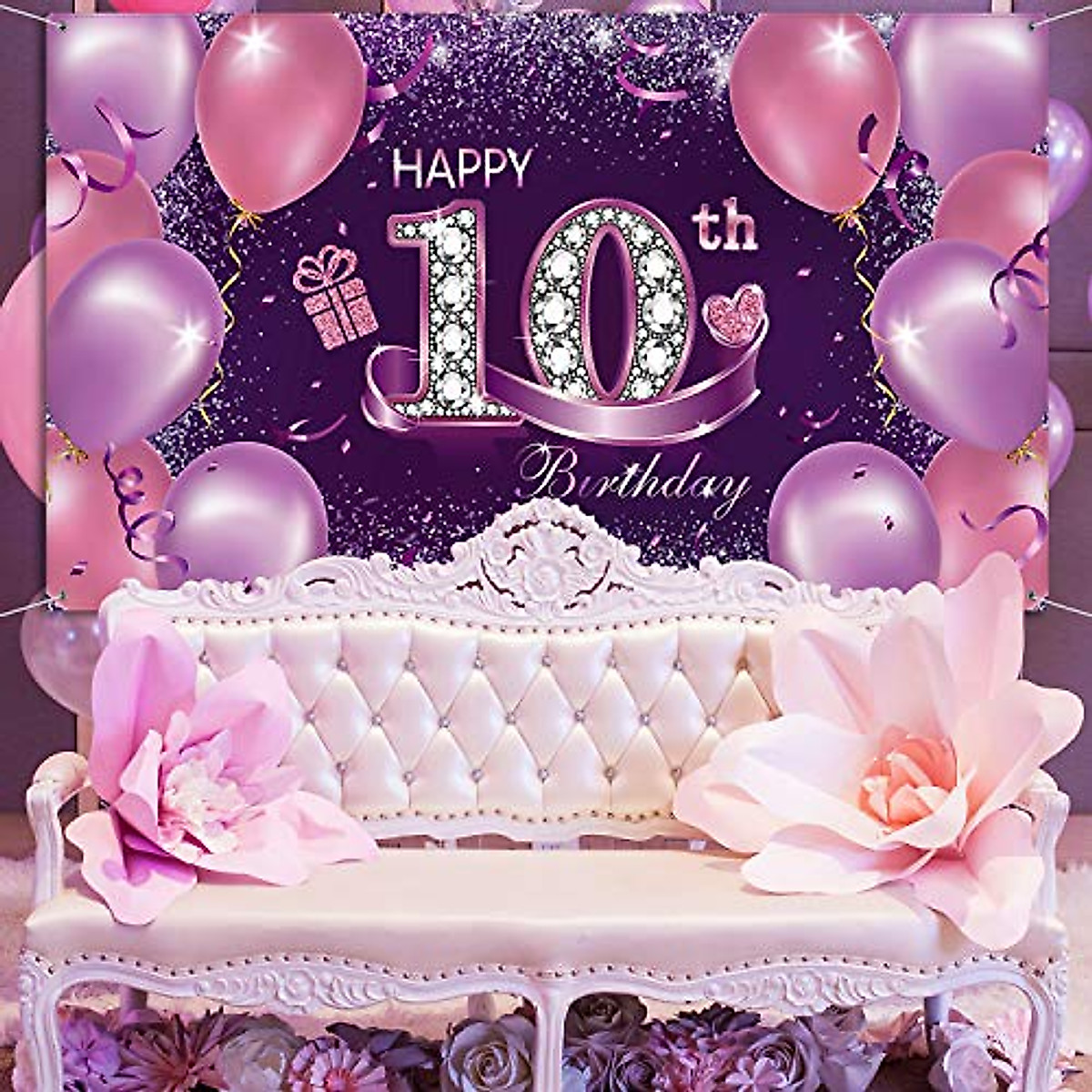 Happy Birthday Party Decorations, Large Fabric Pink Purple Happy 10th Anniversary Birthday Sign Banner Photo Booth Backdrop Background with Rope for Girls Birthday Party Favor, 72.8 x 43.3 Inch