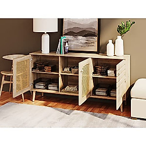 DG Casa Sorico Coastal Living Room Entryway Table with Rattan Style Doors Kitchen Sideboard Buffet Storage Cabinet, Adjustable Shelf, Oak, 63"