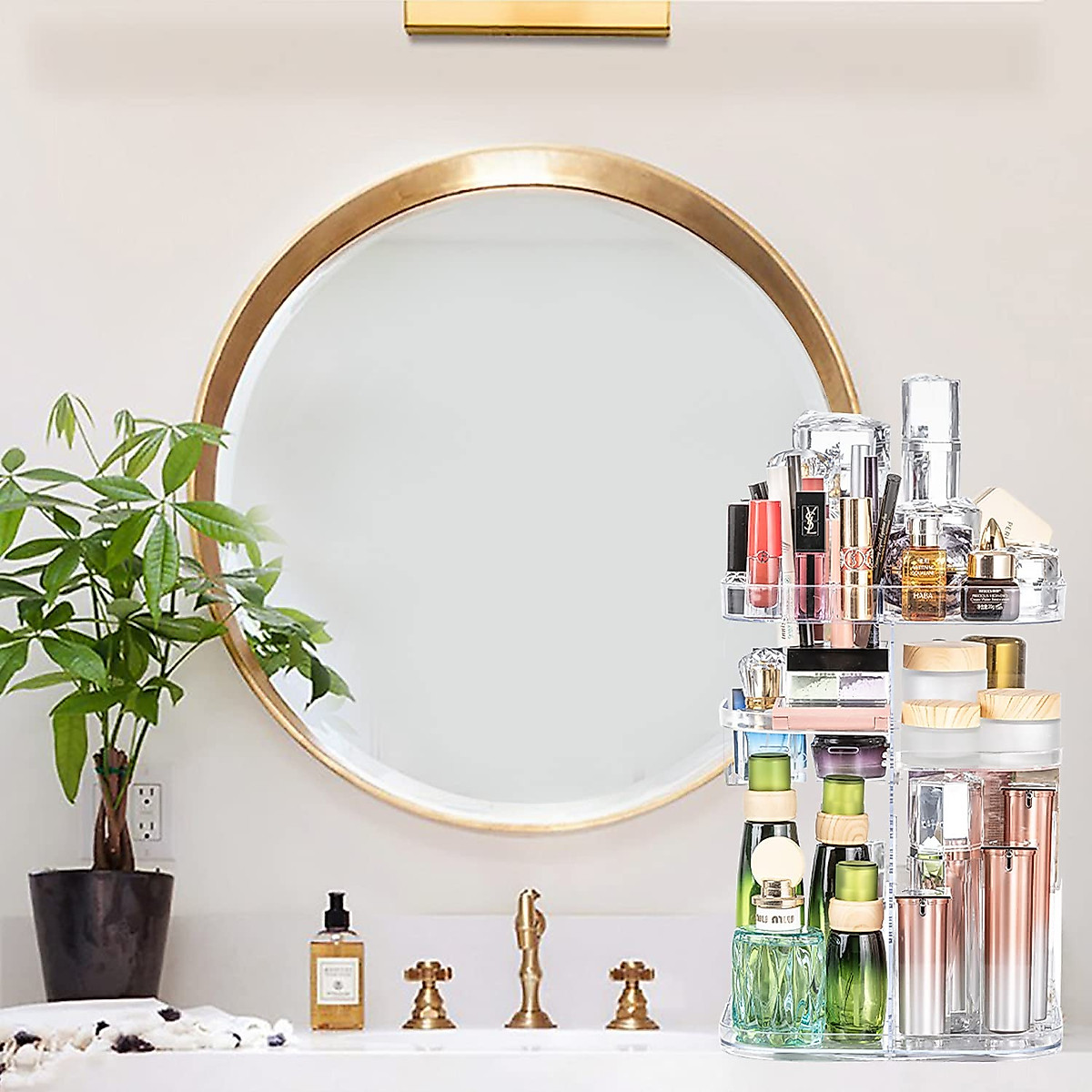 DreamGenius 360 Rotating Makeup Organizer, DIY Adjustable Makeup Carousel Spinning Holder Storage Rack, Large Capacity Make up Caddy Shelf Cosmetics Organizer Box, Best for Countertop, Square