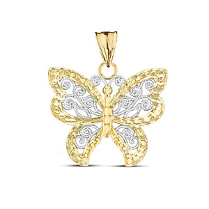 Animal Kingdom Two Tone 10K White and Yellow Gold 3/4" Openwork Filigree Milgrain Sparkle Cut Butterfly Charm - Pendant Only