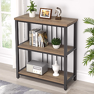 FOLUBAN Small Bookshelf and Bookcase, 3 Tier Open Book Shelf, Modern Metal and Wood Shelving Unit for Living Room Bedroom, Oak