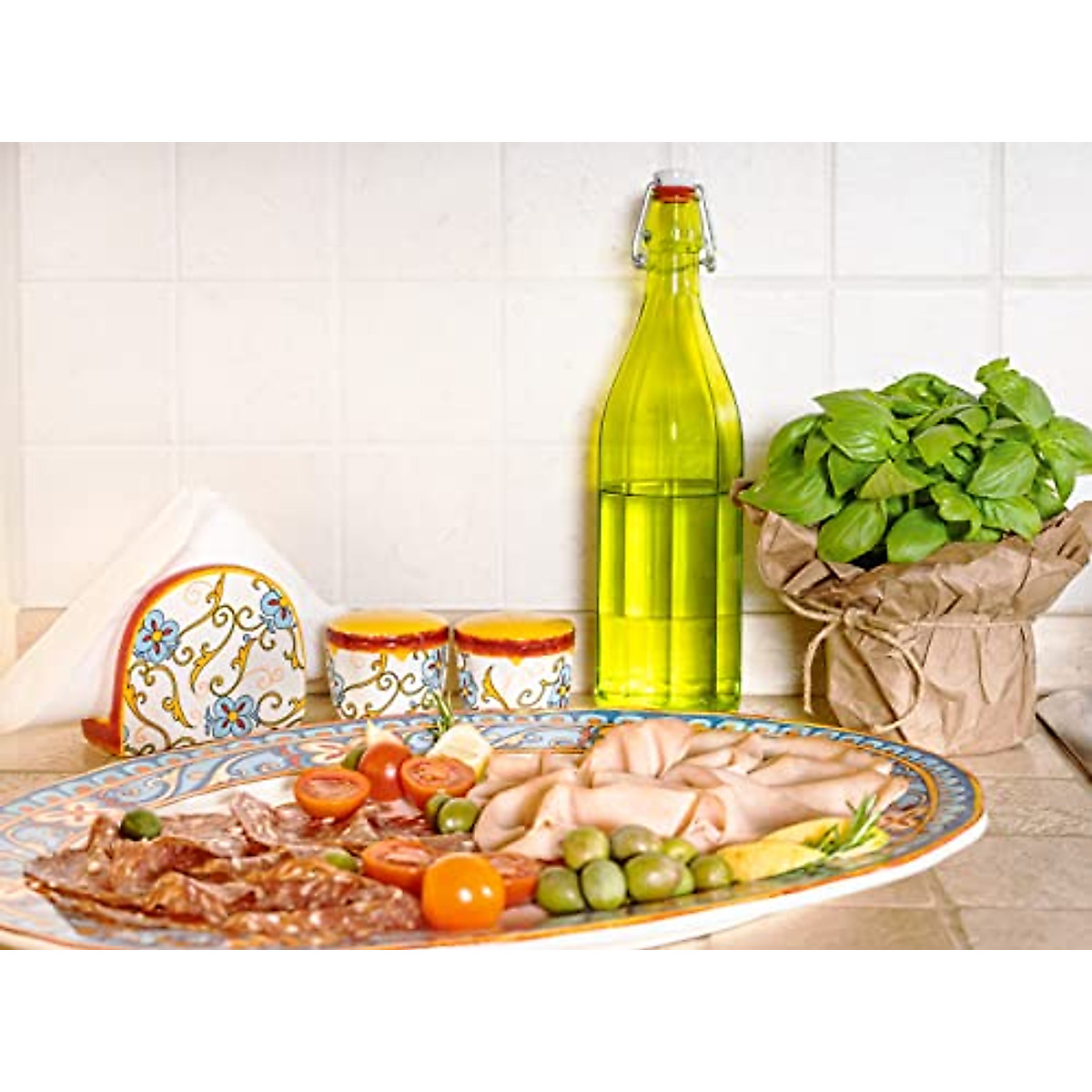 Euro Ceramica Duomo Collection Italian-Inspired 18" Oval Ceramic Serving Platter, Floral Design, Multicolor