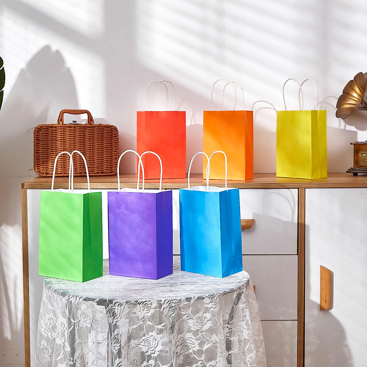 SUNCOLOR 24 Pieces 8" Rainbow Goodie Bags Small Gift Bags with Handle for Party Favor Bags (Rainbow)
