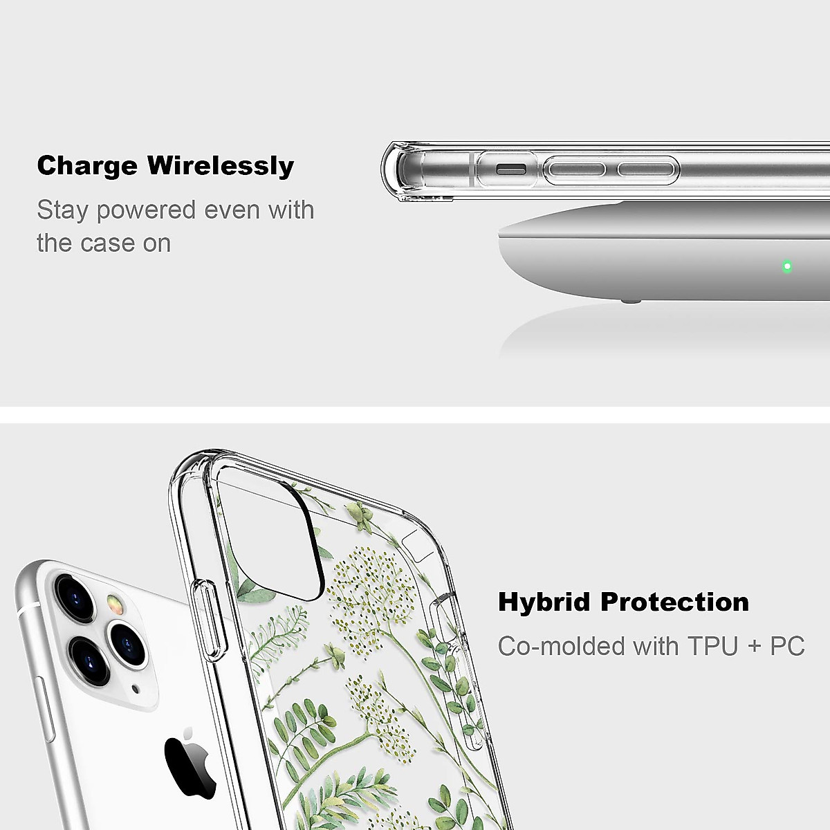 ICEDIO for iPhone 11 Pro Case with Screen Protector,Clear with Green Leaves Floral Flower Fashionable Patterns for Girls Women,Slim Fit Acrylic Cover Protective Phone Case for iPhone 11 Pro 5.8"