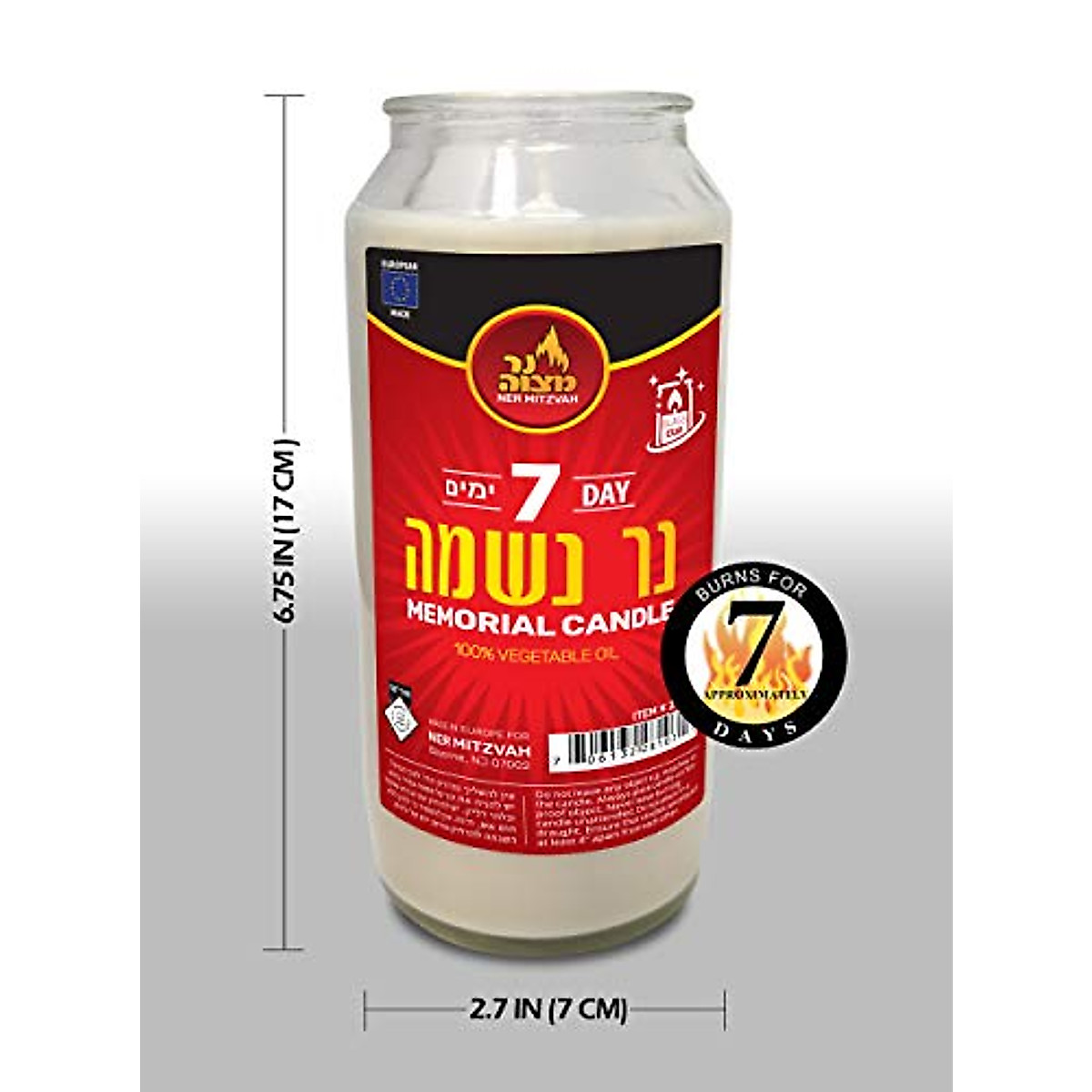 Ner Mitzvah 7 Day Yahrzeit Candle - 1 Pack Kosher White Yahrzeit Memorial Candles - Yom Kippur and Holiday Candle in Glass Jar - 100% Vegetable Oil Wax Prayer Candle