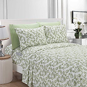 Elegant Comfort Ultra-Soft Double Brushed 6-Piece Microfiber Sheet Set Beautiful Tropical Patterns, and Vibrant Solid Colors, Luxury, All-Season Bed Sheet Set - Palm Leaves, Queen