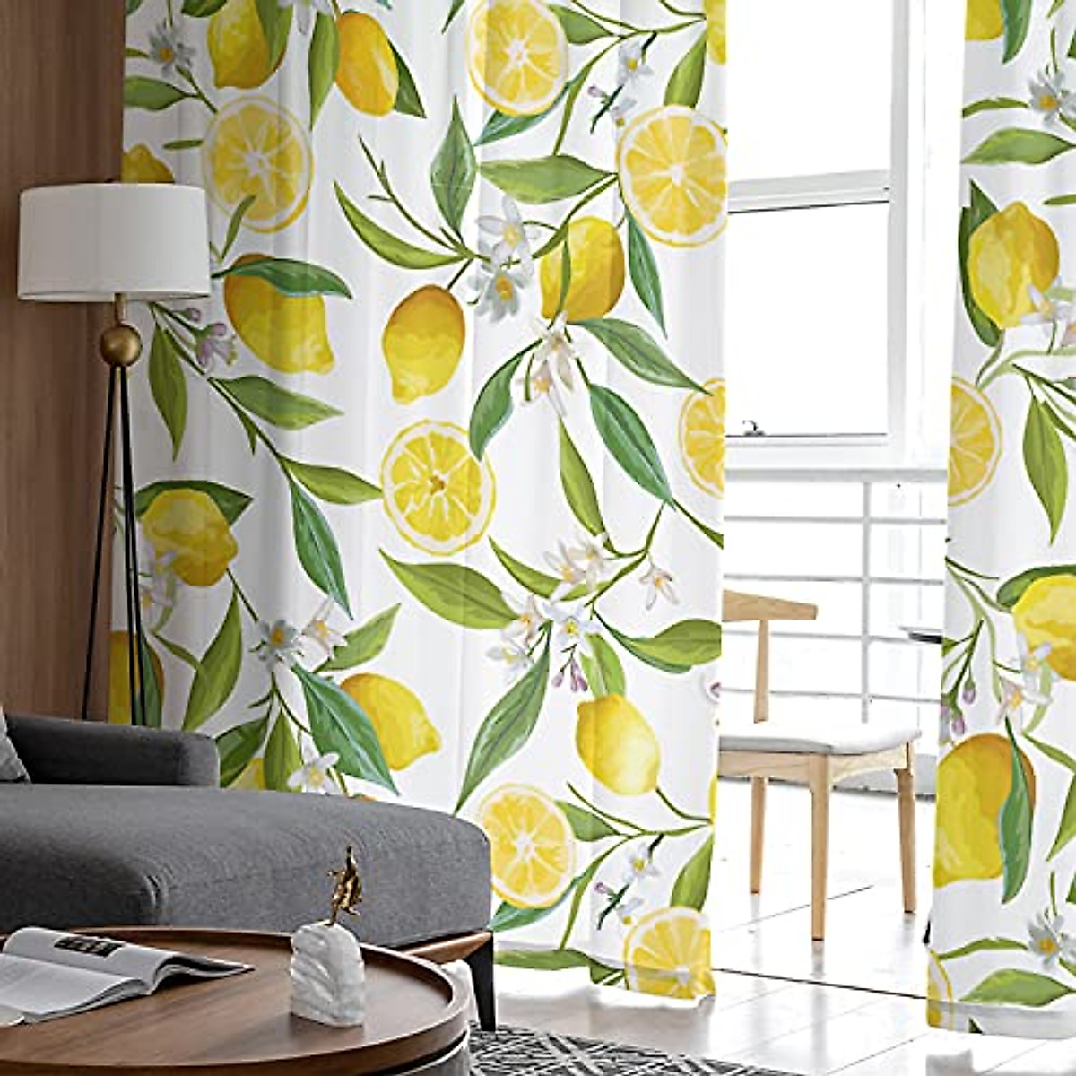 AMZRicher Lemon Sheer Curtains 72 Inch Length 2 Panels Set, Summer Garden Fruit Lemon Slice and Leaves Semi Transparent Voile Rod Pocket Curtains for Living Dining Room Bedroom Drapes