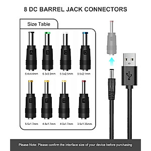 5V DC Power Cable, USB to DC 5.5x2.1mm Plug Charging Cord with 8 Connectors Adapters fit for Speaker, Router, LED Light, Moon Lamp and More 5Volt 3Amp Electronics