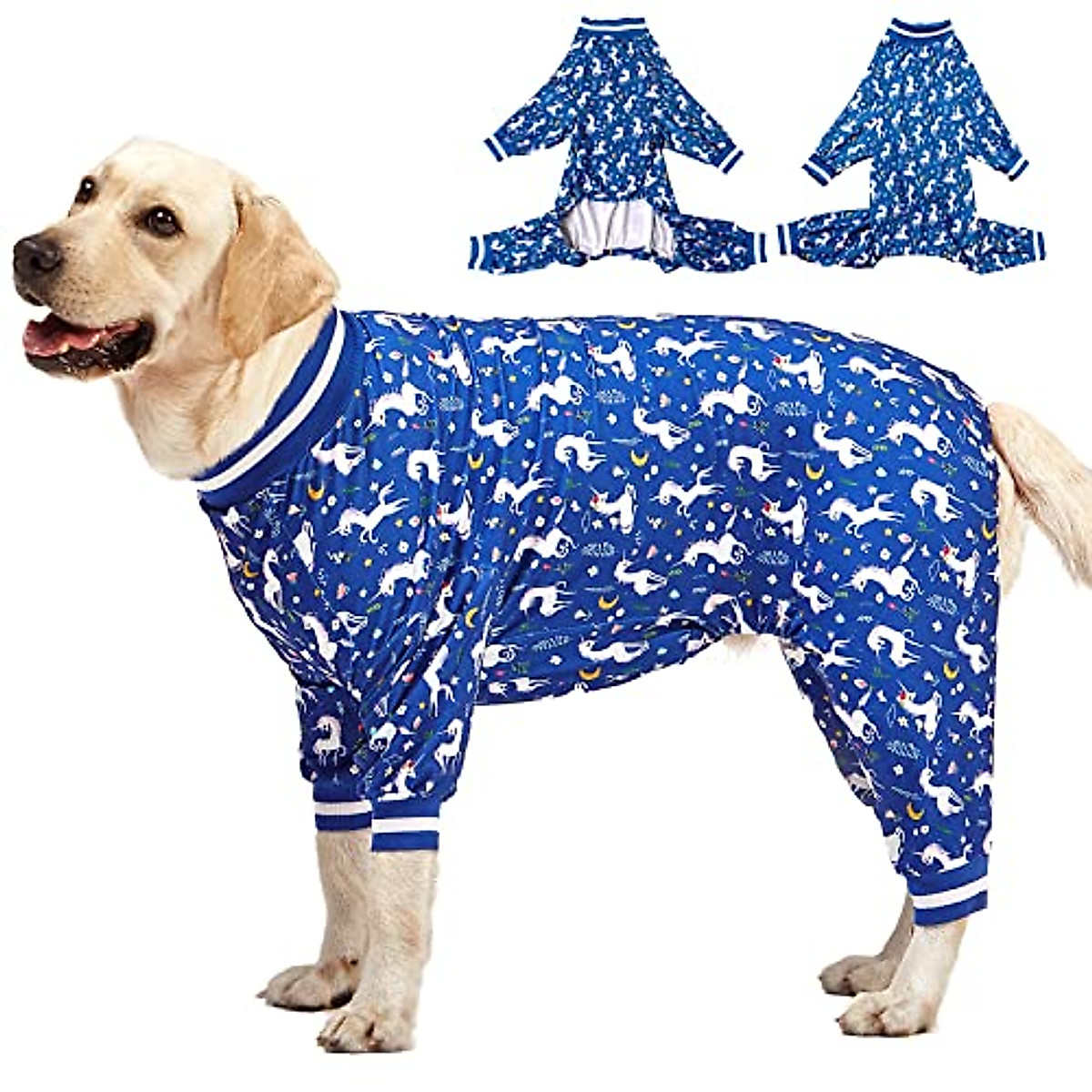 LovinPet Large Dog PJS Clothes: Wound Care/Post Surgery Dog Shirt, Lightweight Stretchy Knit Dog Pajamas, Mermaids & Unicorns Blue and White Print, Large Dog Jammies, Pet PJ's/Medium