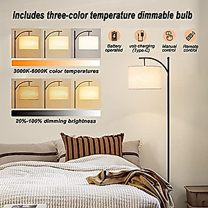 Battery Operated Cordless Floor Lamp with Remote Control For Bedroom, Dimmable Floor Lamp Modern Tall Standing Floor Lamp with Linen Lampshade For Living Room, 3 Color Temperatures LED Bulb Included