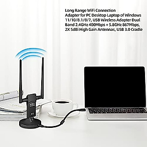L-Link 1300Mbps Long Range USB WiFi Adapter for PC: Desktop Laptop of Windows 11/10/8.1/8/7, USB Wireless Adapter Dual Band 2.4GHz 400Mbps + 5.8GHz 867Mbps, 2X 5dBi High Gain Antennas, USB 3.0 Cradle