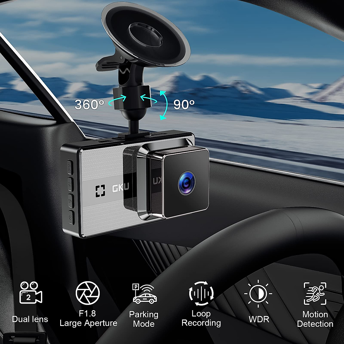 Dash Cam Front and Rear, GKU Dash Cam 1920X1080P FHD Dual Car Camera 170° Wide Angle Backup Dash Camera for Cars,Super Night Vision Car Dash Cam with Parking Mode,Motion Detection,Loop Recording