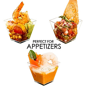 DLux 100 x 2 oz Mini Dessert Cups with Spoons, Square Short - Clear Plastic Parfait Appetizer Cup - Small Reusable Serving Bowl for Tasting Party Desserts Appetizers - With Recipe Ebook