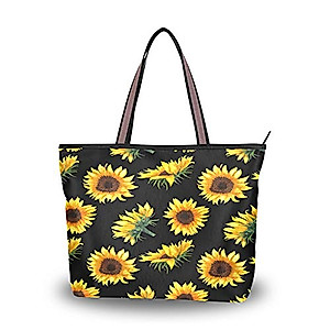 QMXO Summer Flowers Sunflowers Black Handbags and Purse for Women Tote Bag Large Capacity Top Handle Shopper Shoulder Bag