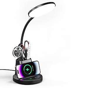 Vicsoon LED Desk Lamp with Wireless Charger, Desk Lamp for Home Office with Pen Phone Holder, Flexible Arm Dimmable 3 Color Modes Eye Caring Small Study Desk Light for College Dorm, 800 Lumens CRI 90