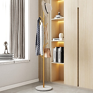 TIEOU Free-standing Coat Rack Gold, Hat Hanger Hall Tree, Metal Coat Hangers for Scarves, Backpacks, Umbrellas, Purses, Simple Coat Stand, Stylish Coat Tree with Stable Round Marble Base, 8 Coat Hooks