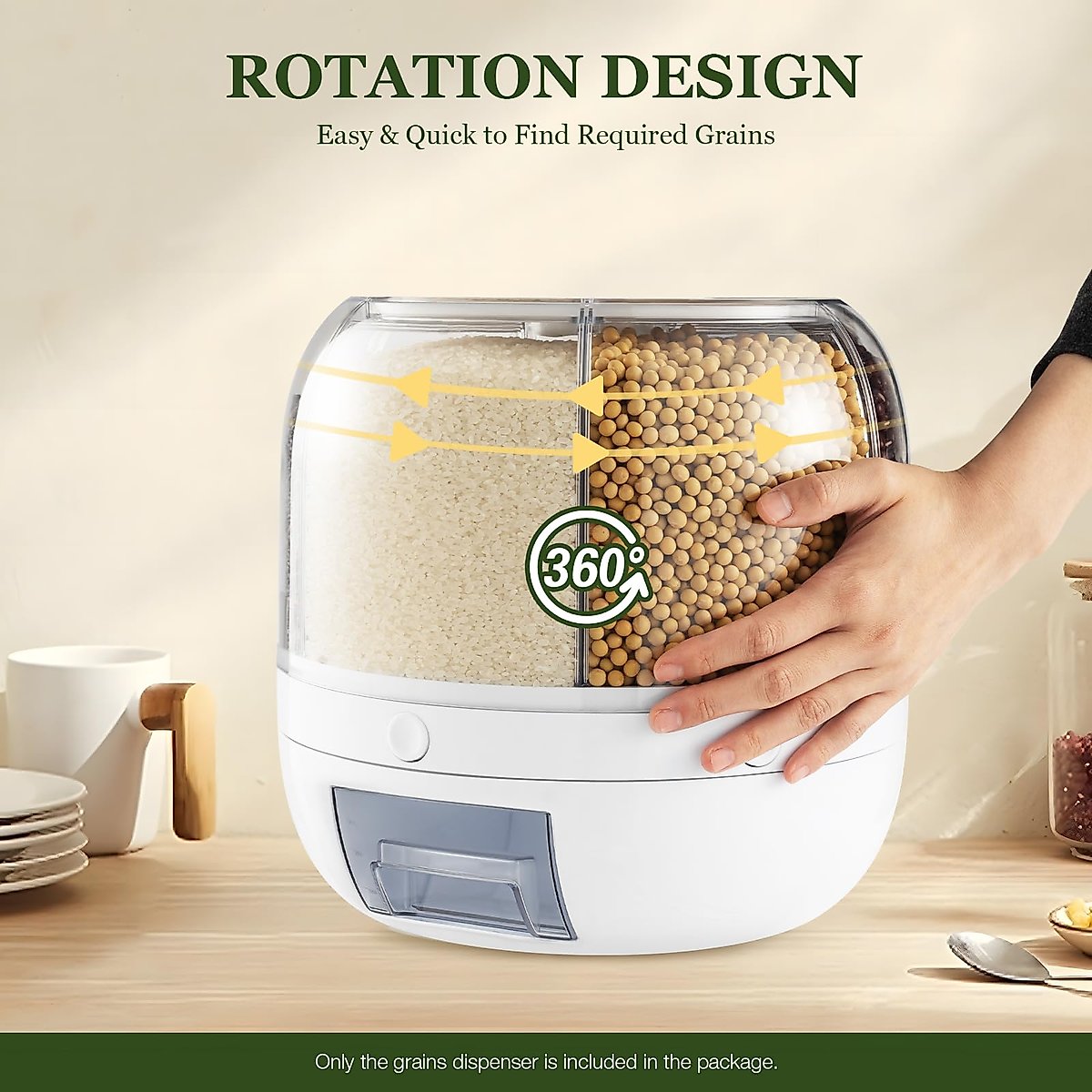 InnaMall Grains Storage Dispenser, 6 Grids Beans Container Storage with Sealed lid 13LBS Grain Container Distribution Bucket 360° Rotating Round Food Dispenser One-Click Output Rice Storage