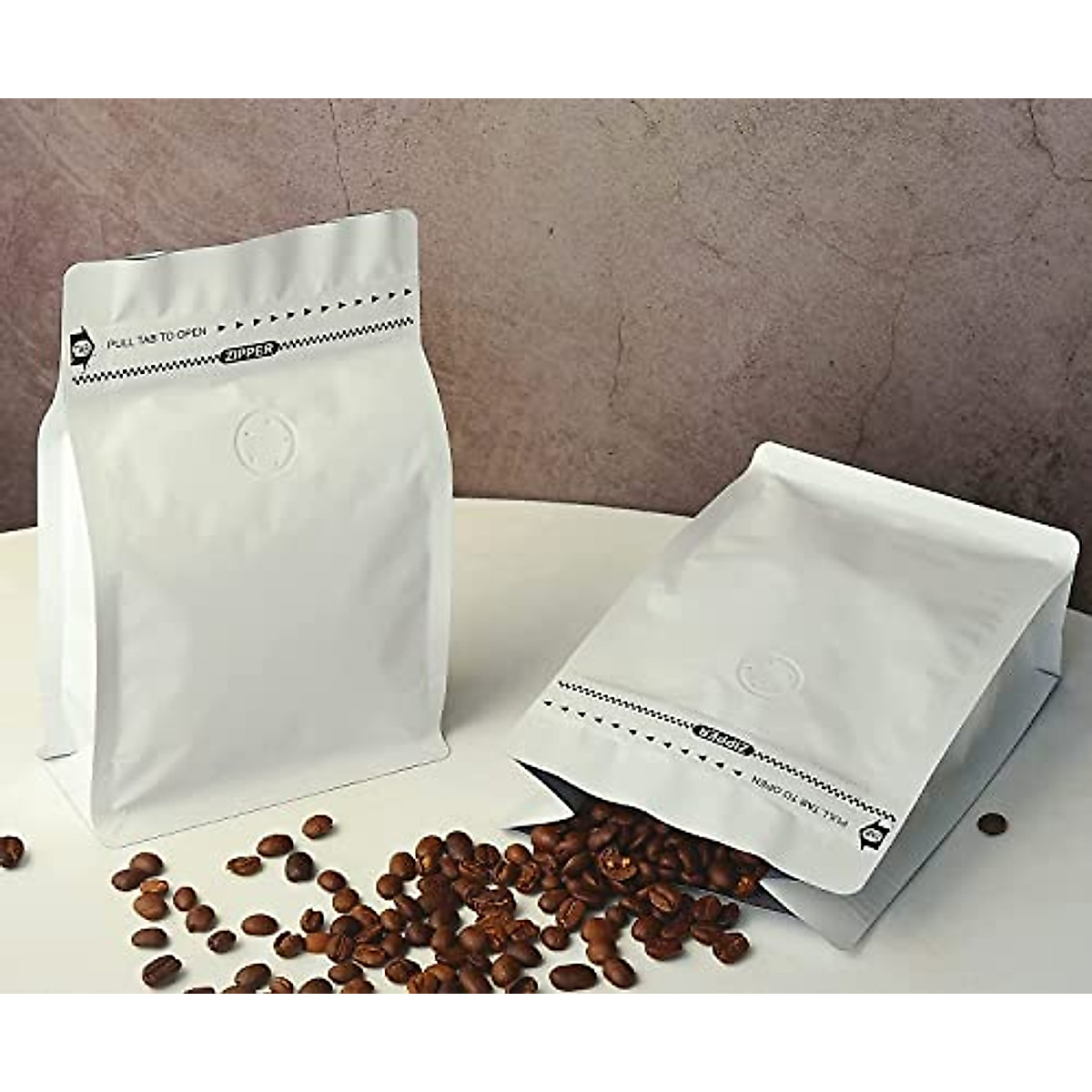 12oz 100pcs High Barrier Wihite Coffee Bags with Aluminum Foil Liner, Resealable Coffee Pouches with Degassing Valve, Ziplock Food Storage Bags with Pull Tape, 12oz/0.75lb/340gram, Pack of 100