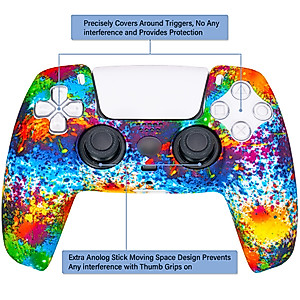 YoRHa Water Transfer Printing Silicone Thickened Cover Skin Case for PS5 Controller x 1(Spashing Paint) with Thumb Grips x 10