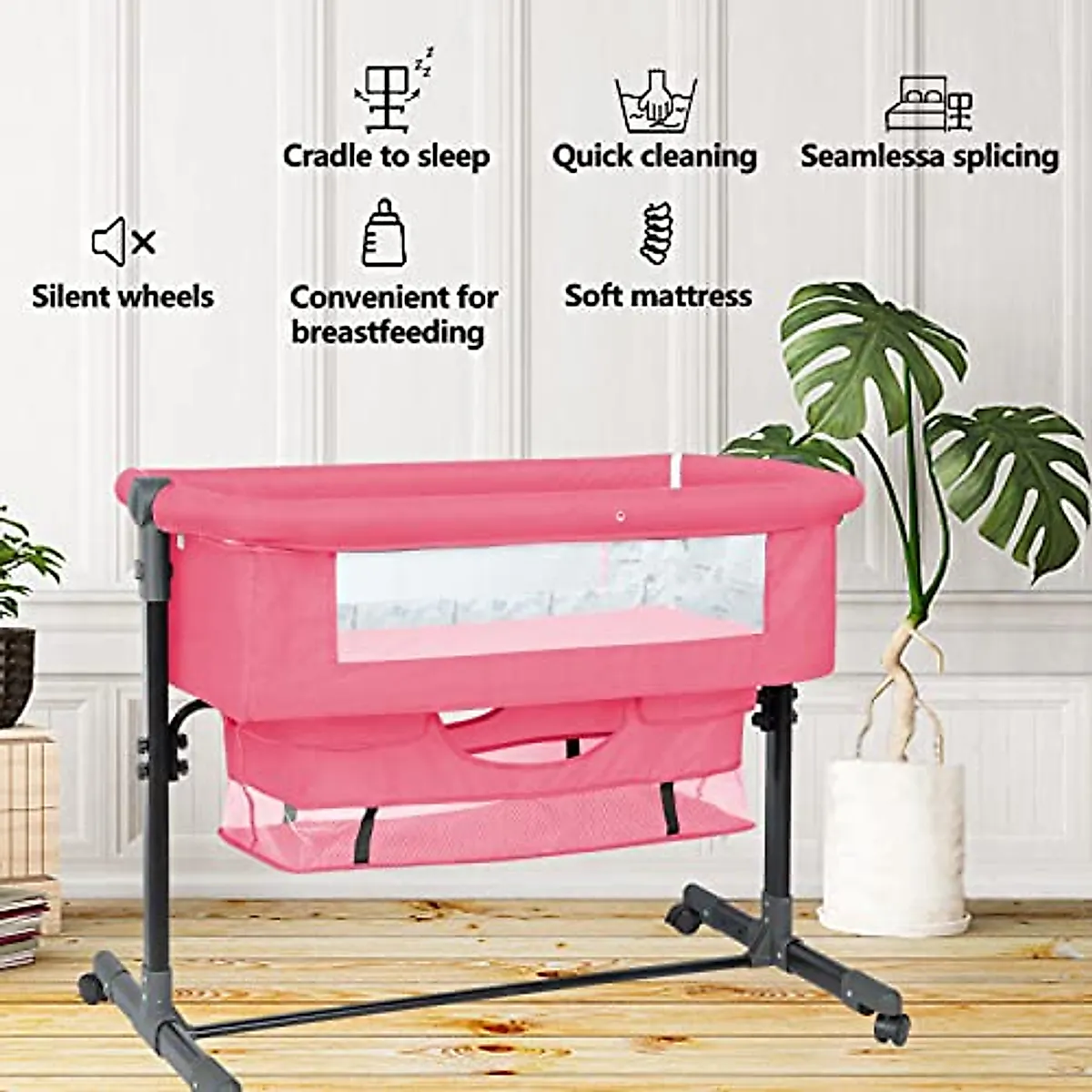 RICUTON Bassinet Bedside Sleeper, 3 in 1 Bedside Bassinet for Baby with Mosquito Nets and Wheels, Large Storage Bag, Heigt Adjustable, Easy Assemble