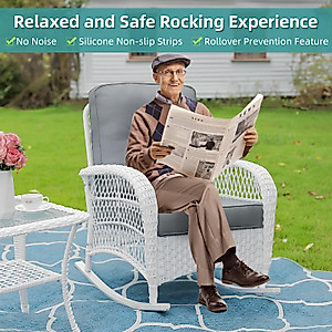 MEETWARM 3 Pieces Patio Conversation Set, Rattan Outdoor Rocking Patio Bistro Set with 2 Rockers and 1 Side Table with 4" Thick Cushions, Outdoor Furniture Set for Porch Backyard, White Wicker/Grey