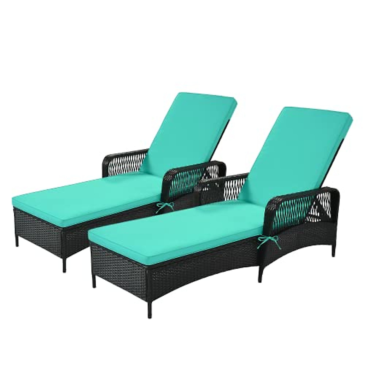 DHHU Foldable Chaise Sun Lounger Terrace, Outdoor Rattan Lounge Chair, Adjustable Back Recliner, (2 Set), Black Wicker/Green Cushion