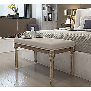 Yusong Upholstered Bench,Bedroom Bench for End of Bed,Piano Bench Dining Bench Entryway Shoe Bench with Button Tufted Padded Seat for Living Room, Vanity Bench Foot-Stool with Carved Wood Legs,Beige