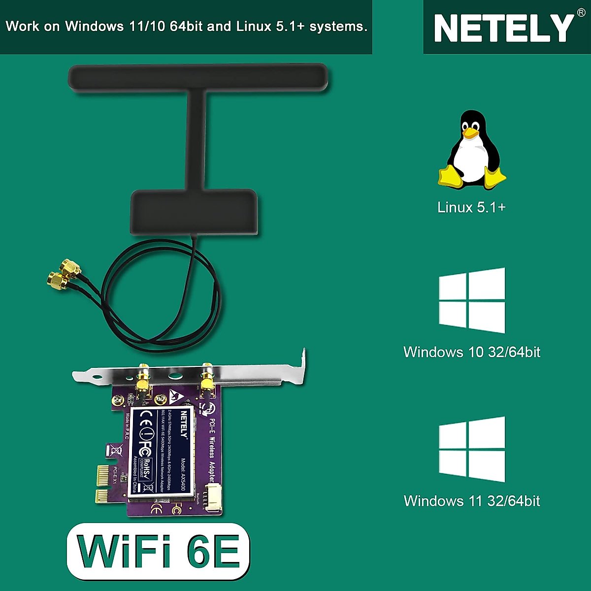 NETELY 802.11AX WiFi 6E 5400Mbps PCIE WiFi Adapter with Bluetooth 5.2 for Windows 10/11 64bit Desktop PCs, 2.4GHz 574Mbps, 5GHz 2400Mbps, and 6GHz 2400Mbps, Intel WiFi 6E AX210 PCIE WiFi Card (AX5400)