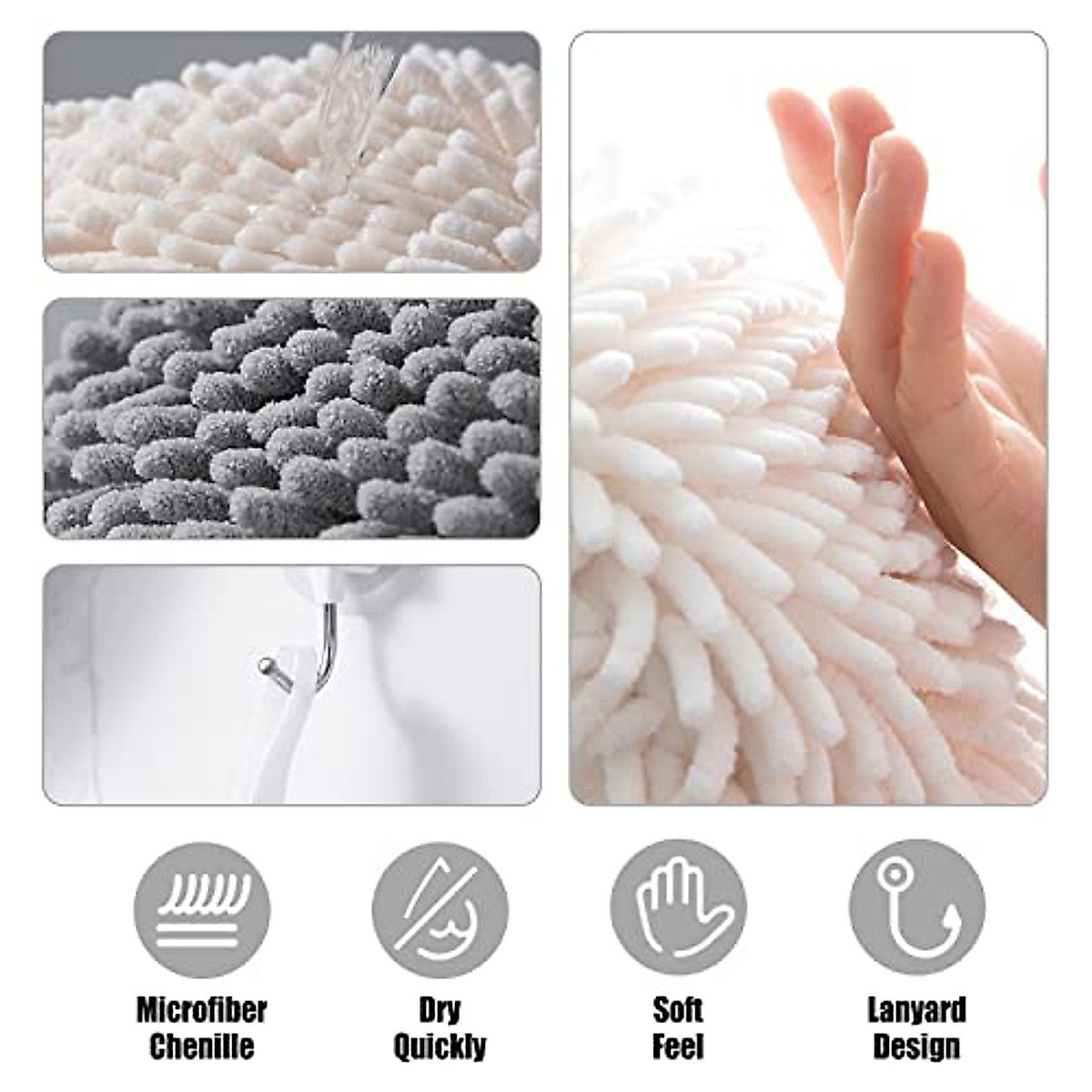 RETON 6PCS Bathroom Hand Towel, Soft Absorbent Quick Drying Chenille Hand Towels, Cute Animal Hanging Hand Towels for Kitchen Powder Room Kids (White+Gray+Pink+Blue, Hedgehog)