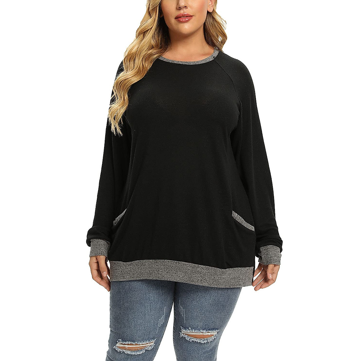 Plus Size Sweatshirts for Women, Long Sleeve Fall Crewneck Tunic Tops with Pockets for Leggings Black 3X