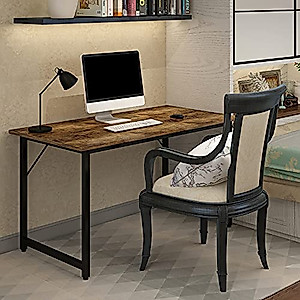 MJWDP Office Table A Simple Industrial Style Computer Desk Home Office Writing Desk Black Metal Frame Charcoal Wood Color