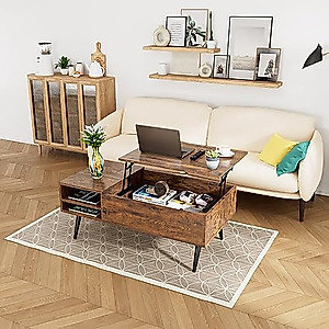 PayLessHere Lift Top Coffee Table with Adjustable Storage and Hidden Compartment Small Wood Coffee Table Center Table for Home Living Room Office Apartment Reception Room,Brown