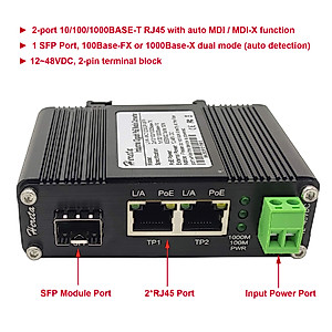 Hereta Gigabit Industrial Ethernet Media Converter POE+ 30W Aluminum Case 2 RJ45 Port 1 SFP Port Supports External SFP Modules 12~48V DC Input Power