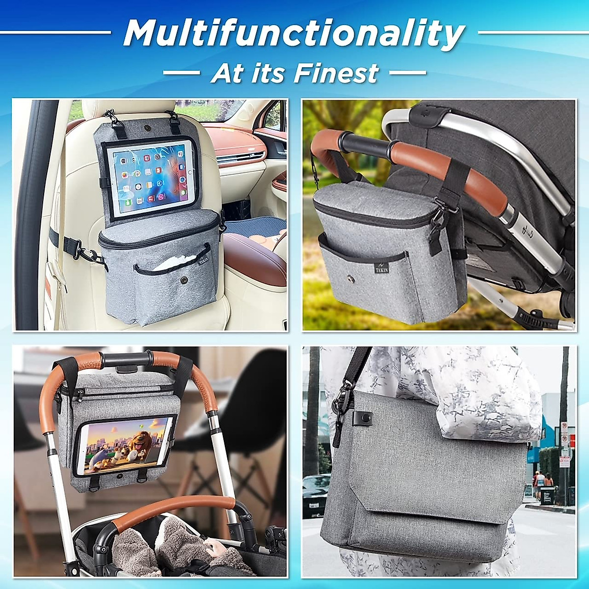 TEKIN Kids Car Seat Organizer with iPad Holder Backseat Car Organizer for long Trips for Kids Stroller Organizer Bag with Tablet Holder, Car Travel Accessories Kids Essentials Organizer Bag -Gray
