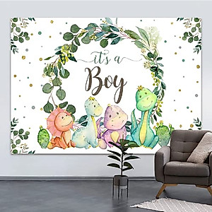 9x6ft It's a Boy Backdrop Baby Shower Cartoon Dinosaur Cactus and Eucalyptus Leaves Photography Background Kids Party Supplies Cake Table Decor Banner Photobooth Props Gift Favors