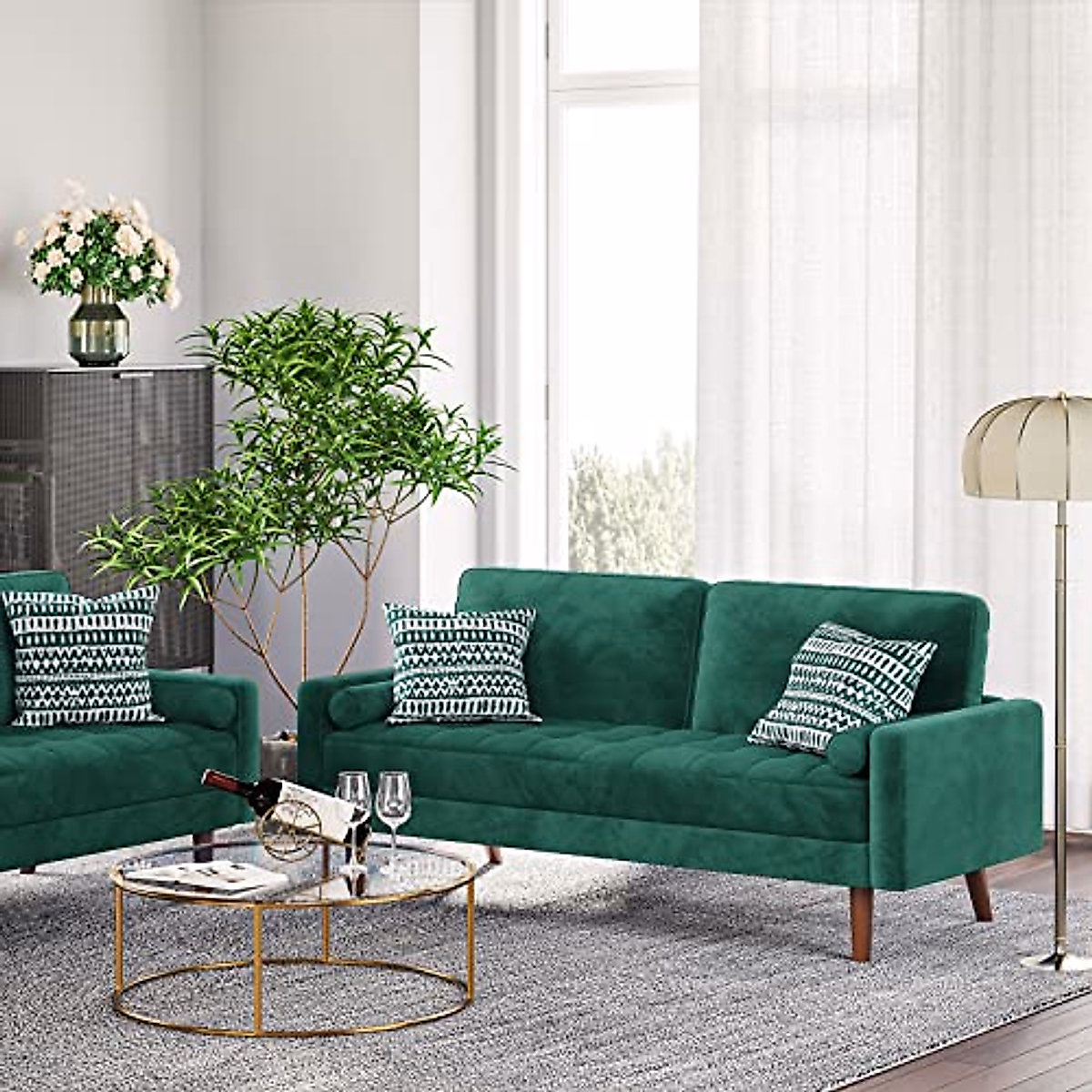 Vesgantti 58 inch Loveseat Sofa, 2 Seater Sofa for Small Space, Button Tufted Green Velvet Couch with 2 Pillows, Mid Century Modern Couch w/Armrest, Small Couches for Living Room, Bedroom, Apartment