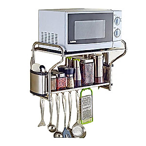 INTBUYING 2 Layer Microwave Oven Wall Mount Shelf Stainless Steel Kitchen Storage Organization with Removable Hooks