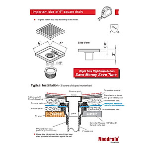 Neodrain 6-Inch Square Shower Drain with Removable Quadrato Pattern Grate,PVC Shower Drain Base and Rubber Gasket for Bathroom Floor Drain, Brushed 304 Stainless Steel, Includes Hair Strainer