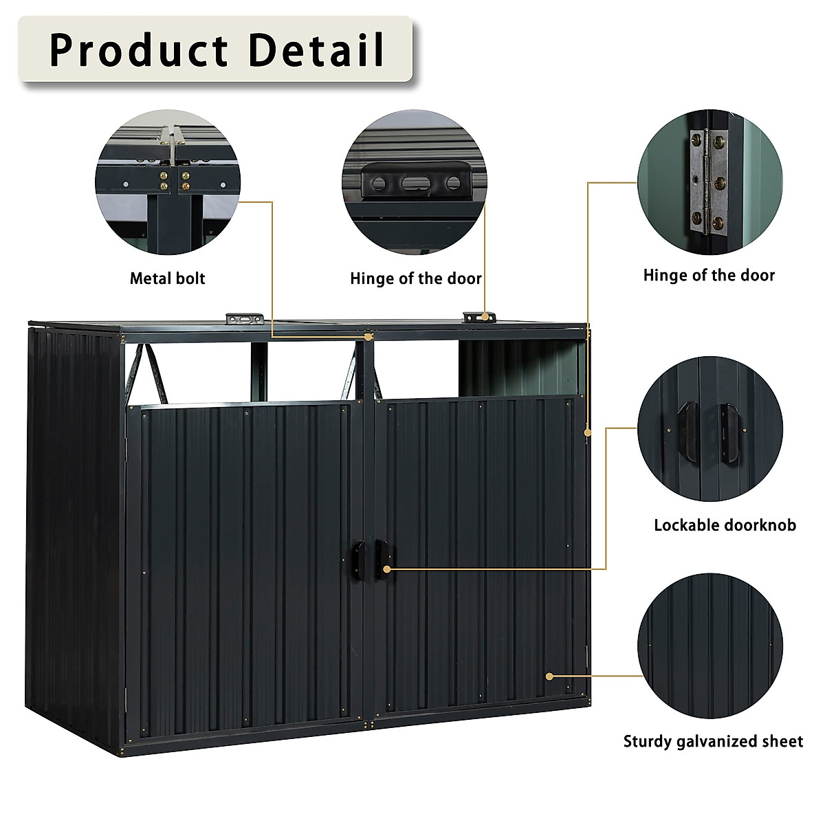 Outdoor Garbage Bin Storage Shed Galvanized Steel Outdoor Storage Shed for 2 Trash cans with Lockable Doors Metal Storage Shed for Garden Yard Lawn (Black-2)