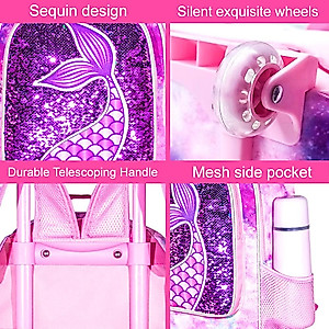 gxtvo Rolling Backpack for Girls, Roller Wheels Kids Bookbag - Wheeled Suitcase Elementary Sequin School Bag - 3PCS Mermaid