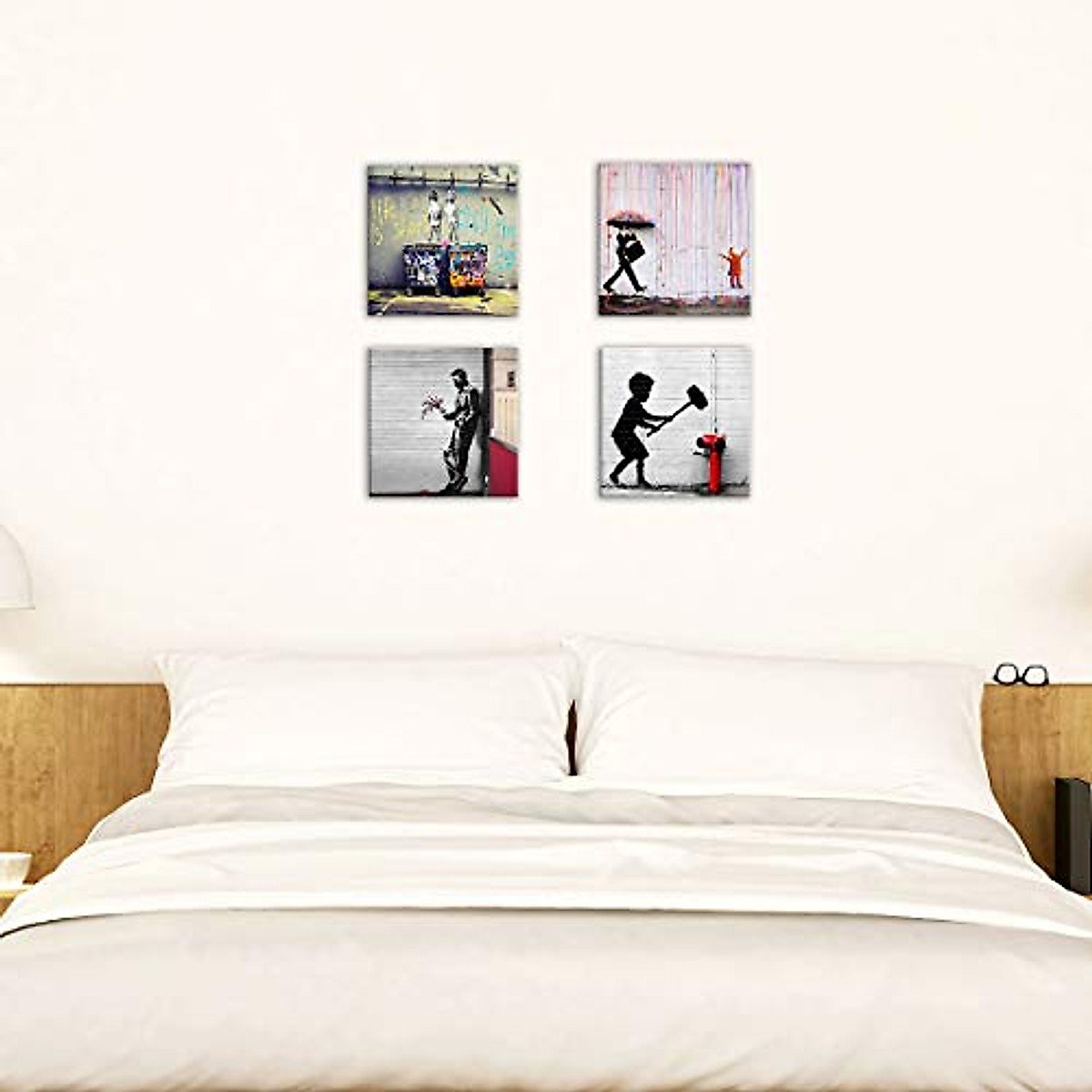 Biufo Banksy Wall Art Street Graffiti Canvas Print Picture Modern Painting Artwork for Living Room Bathroom Bedroom Decor (12"x12"x4pcs)
