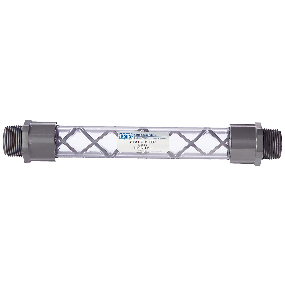 Koflo 1-40C-4-6-2 Clear PVC Schedule 40 Pipe Static Inline Mixer; 1" NPT(M), 6 Elements