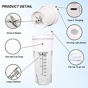 Portable Blender, Yidata Personal 16 Oz Rechargable Smooth Blender with Ultra-sharp Blades Handheld Blender for Travel, Office & Sports (White)