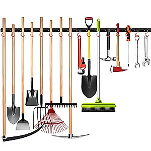 WALMANN All Metal 64 Inch Wall Mount Garden Tool Organizer for Garage, Mop and Broom Holder, Yard Tool Storage Rack for Rake, Shovel, Spade, Mop, Broom(4 Rails, 16 Hooks)