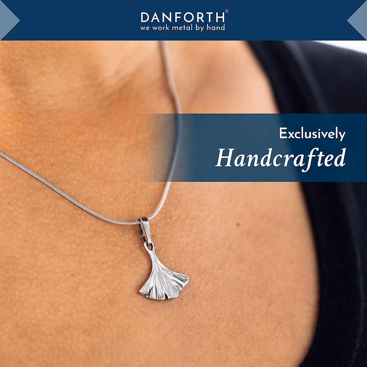 DANFORTH – Ginkgo Leaf Necklace – Pewter Nature Pendant & 18 In Sterling Silver Snake Chain, Nickel-Free – Trendy Boho Jewelry For Women – Handmade Necklaces for Women – Made In USA