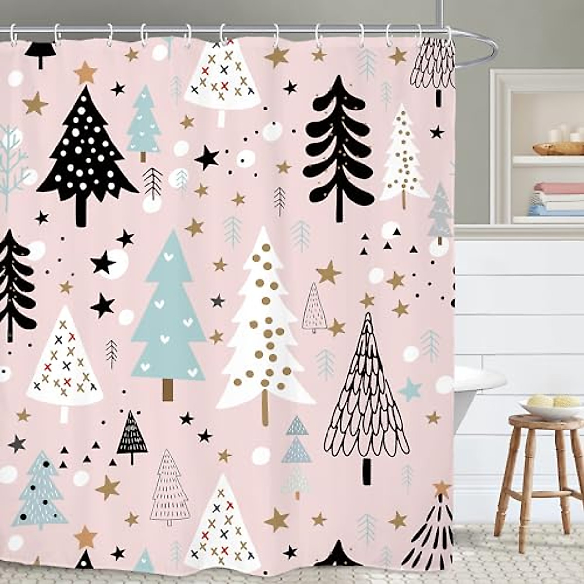Yookeb Christmas Tree Cute Girls Bathroom Shower Curtain 60W by 71H Inch Pink Girls Xmas Pine Winter Seasonal Abstract Star Accessory Polyester Fabric 12 Plastic Hooks Waterproof Decor