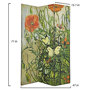 HOZUSO Room Divider Wood Privacy Screens Van Gogh's Butterflies and Poppies Painting Canvas 3-Panel Foldable Portable Separating Divider Room Partitions Freestanding Home Decor 71'' High
