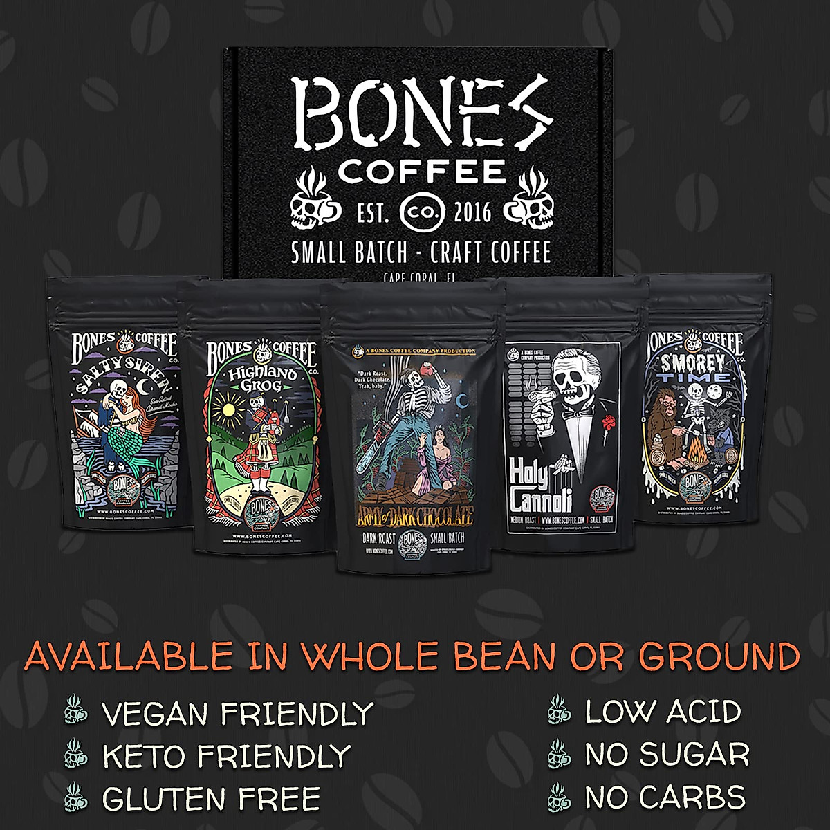 Bones Coffee Company NEW Flavors! Favorite Flavors Sample Pack | 4 oz Pack of 5 Assorted Ground Coffee Beans | Low Acid Medium Roast Gourmet Coffee Beverages (Ground)
