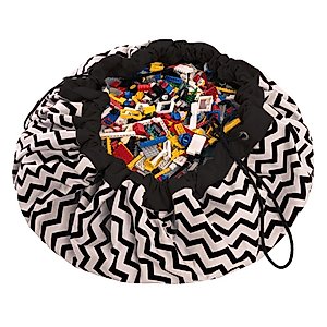 Play Mat and Toy Storage Bag - Durable Floor Activity Organizer Mat - Large Drawstring Portable Container for Kids Toys, Books - 55", Zigzag, Black